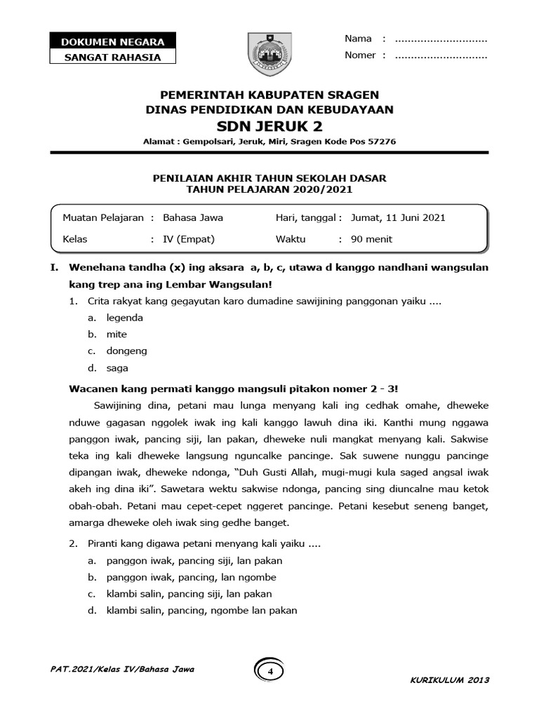 Naskah Soal Bahasa Jawa Kelas 4 Pat2 | PDF