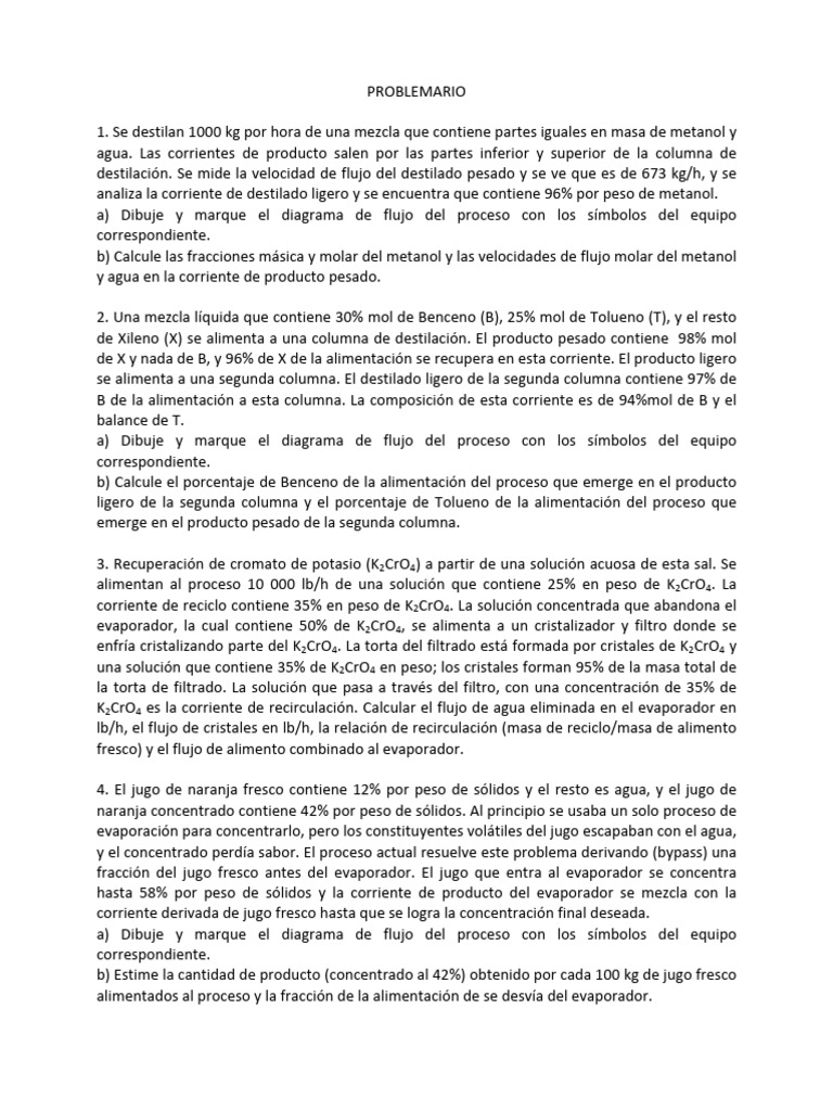 PROBLEMARIO Tema 1 | PDF | Destilación | Humedad