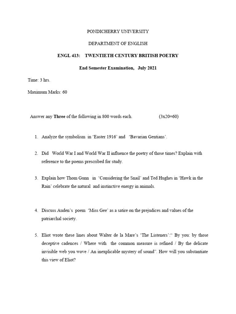 Twentieth Century British Poetry Exam | PDF | Art