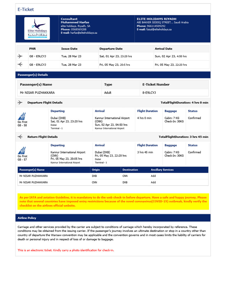 Eticket For PNR G8-E9lcyj | PDF | Airlines | Civil Aviation