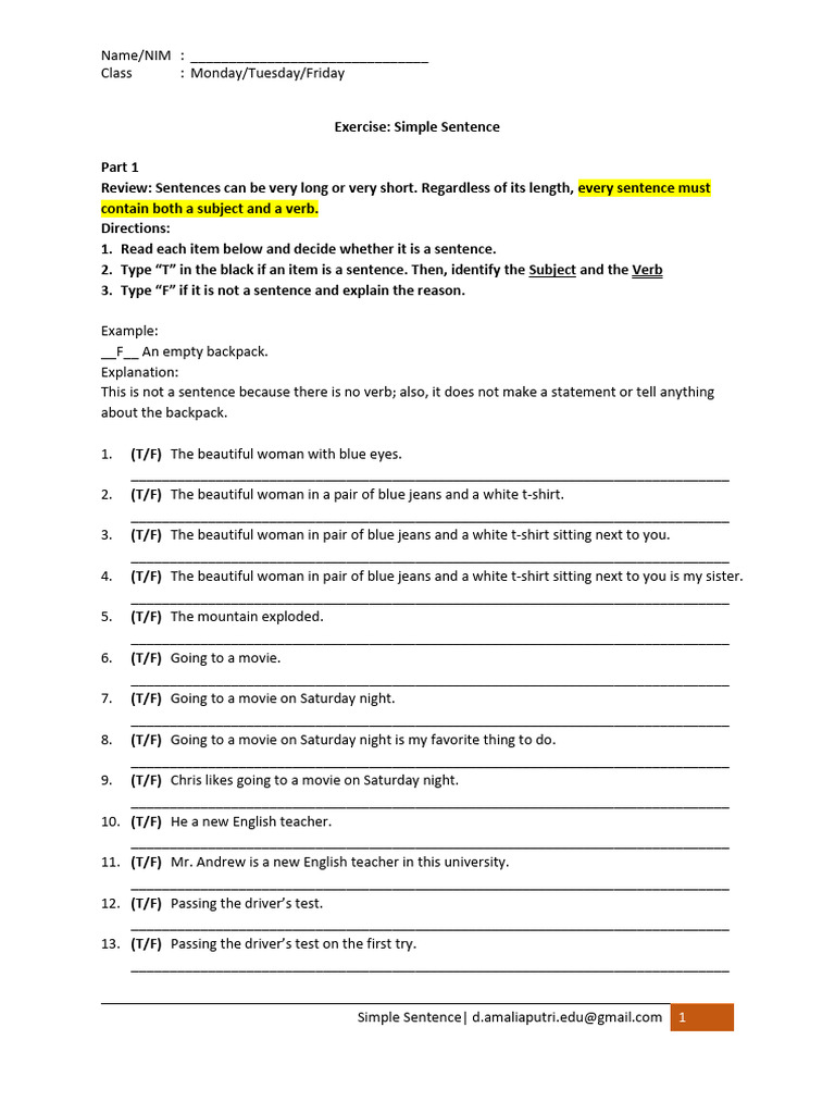 Simple Sentence Exercise Worksheet | PDF | Sentence (Linguistics ...