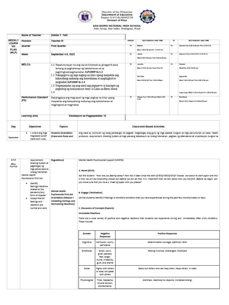 Q2 MHPSS WLP | PDF | Feeling | Anxiety