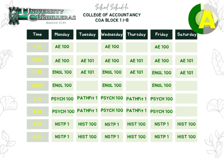 Green Botanical Weekly Class Schedule | PDF