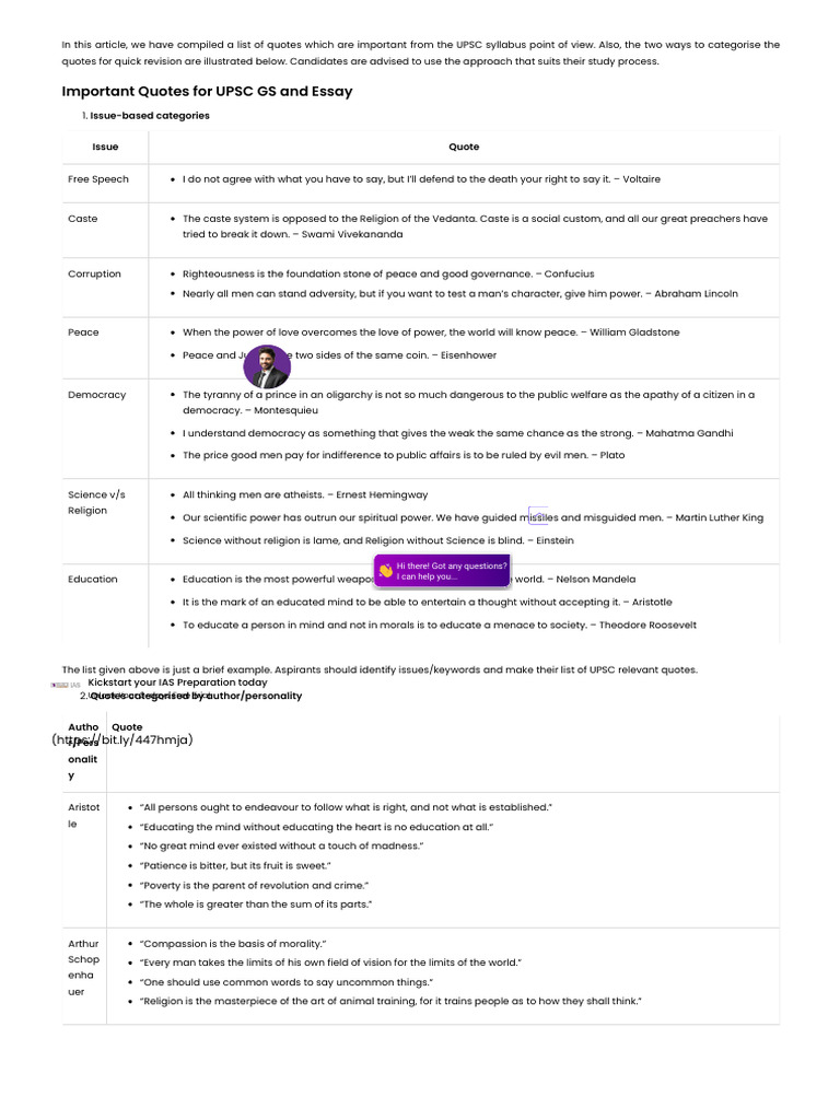 Useful Quotes For UPSC Civil Services Mains Exam Essay and GS Papers | PDF