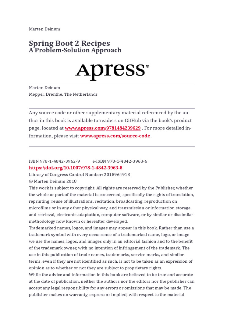 Front Matter Spring Boot 2 Recipes A Problem-Solution Approach | PDF ...