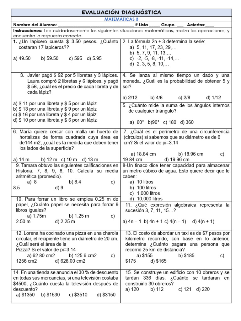 EXAMEN DIAGNOSTICO TERCER GRADO | PDF | Lápiz | Matemática Elemental