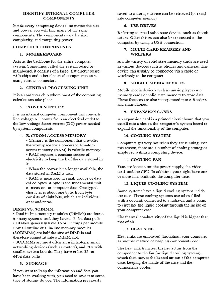 Identify Internal Computer Components | PDF | Computer Data Storage | Computer Science