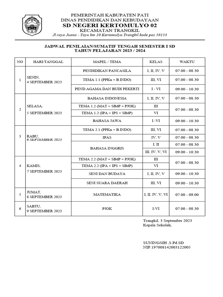 Jadwal Pts-Sts I 2023-2024 | PDF