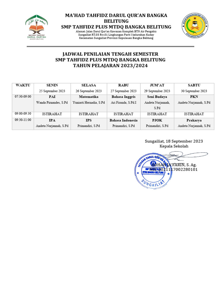 Jadwal PTS SMP TP 2023-2024 | PDF