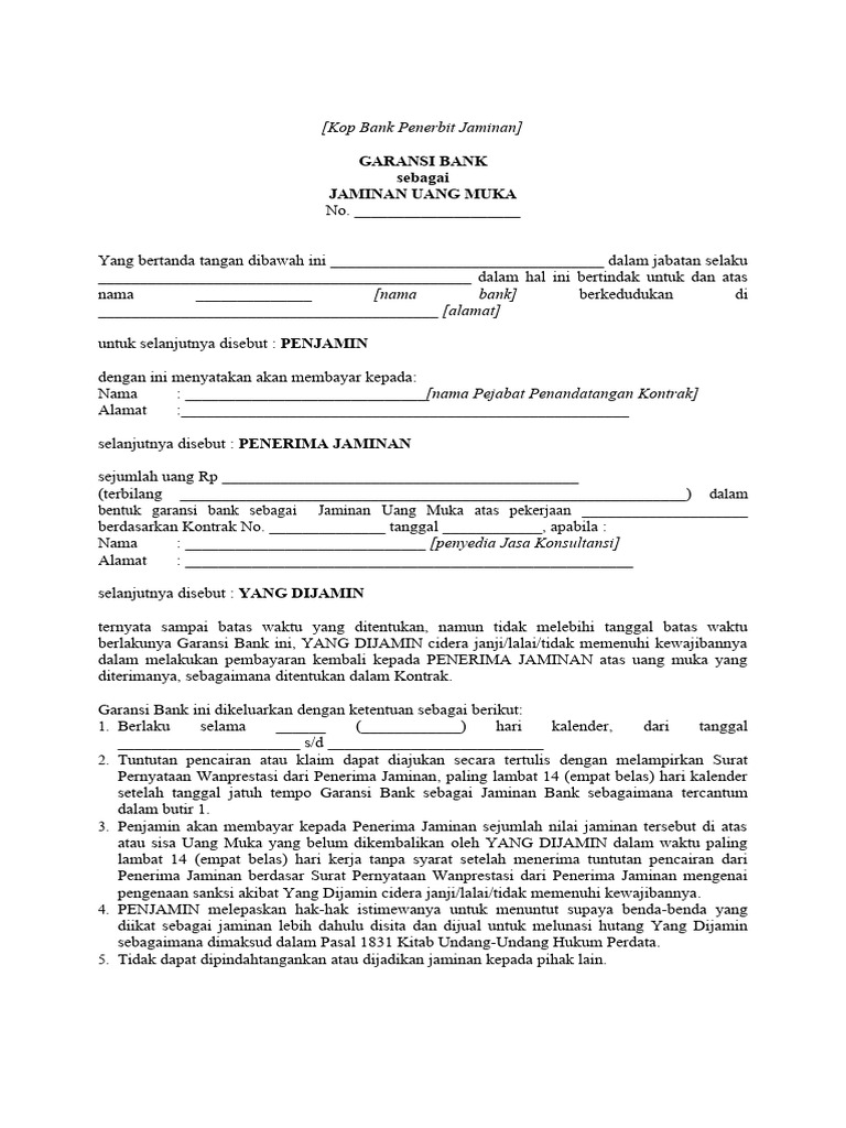 Contoh Garansi Bank Dan Jaminan Uang Muka | PDF
