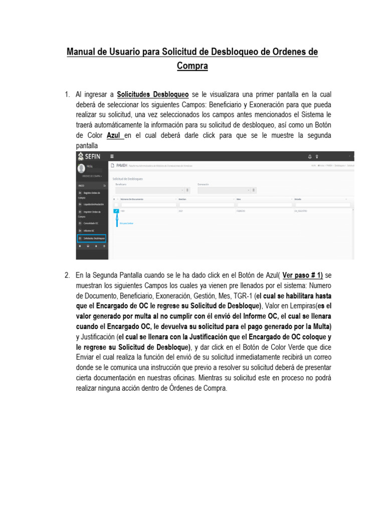 Manual de Usuario para Solicitud de Desbloqueo de Ordenes de Compra 1 | PDF | Finanzas y dinero