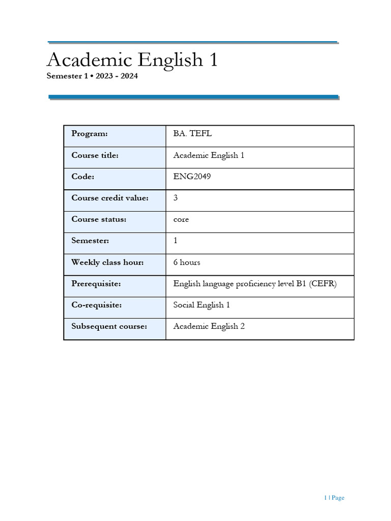 Academic English 1 - Course Guide - Final | PDF | Speech | Teachers