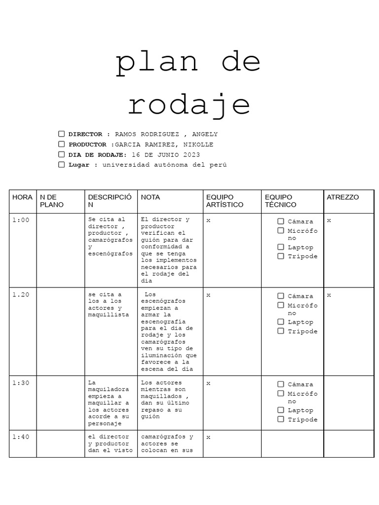 Plan de Rodaje 16 de Junio | PDF