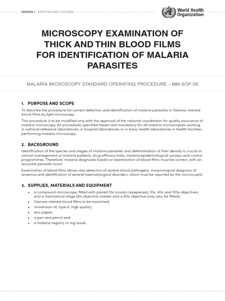 Malaria Microscopy SOP Guide | PDF | Malaria | Microscope
