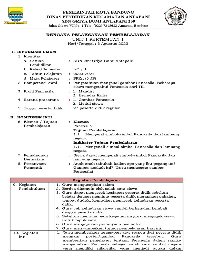 01 RPP PPKN - Unit 1 Pertemuan 1 | PDF