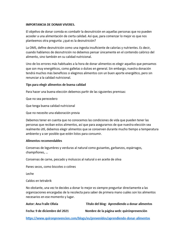 Importancia de Donar Viveres | PDF | Alimentos | Nutrición