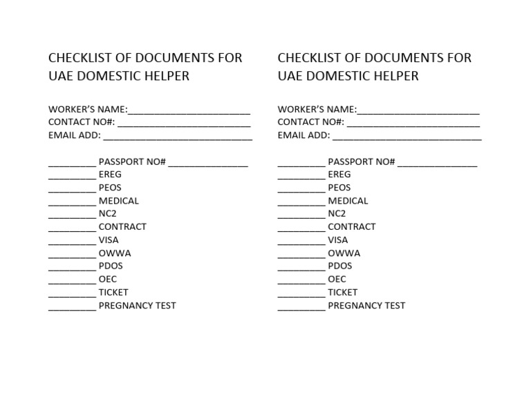 Checklist of Documents For Uae Domestic Helper | PDF