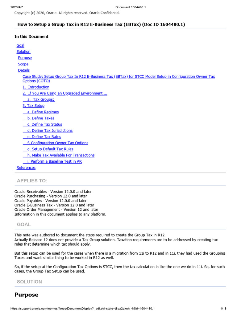 How To Setup A Group Tax in R12 E-Business Tax (EBTax) (Doc ID 1604480.1) | PDF | Taxes | Tax Rate