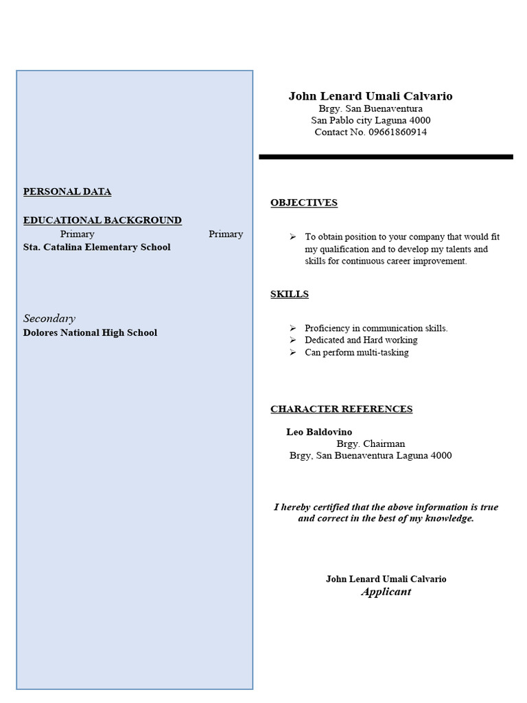 John Lenard Calvario Resume Summary | PDF