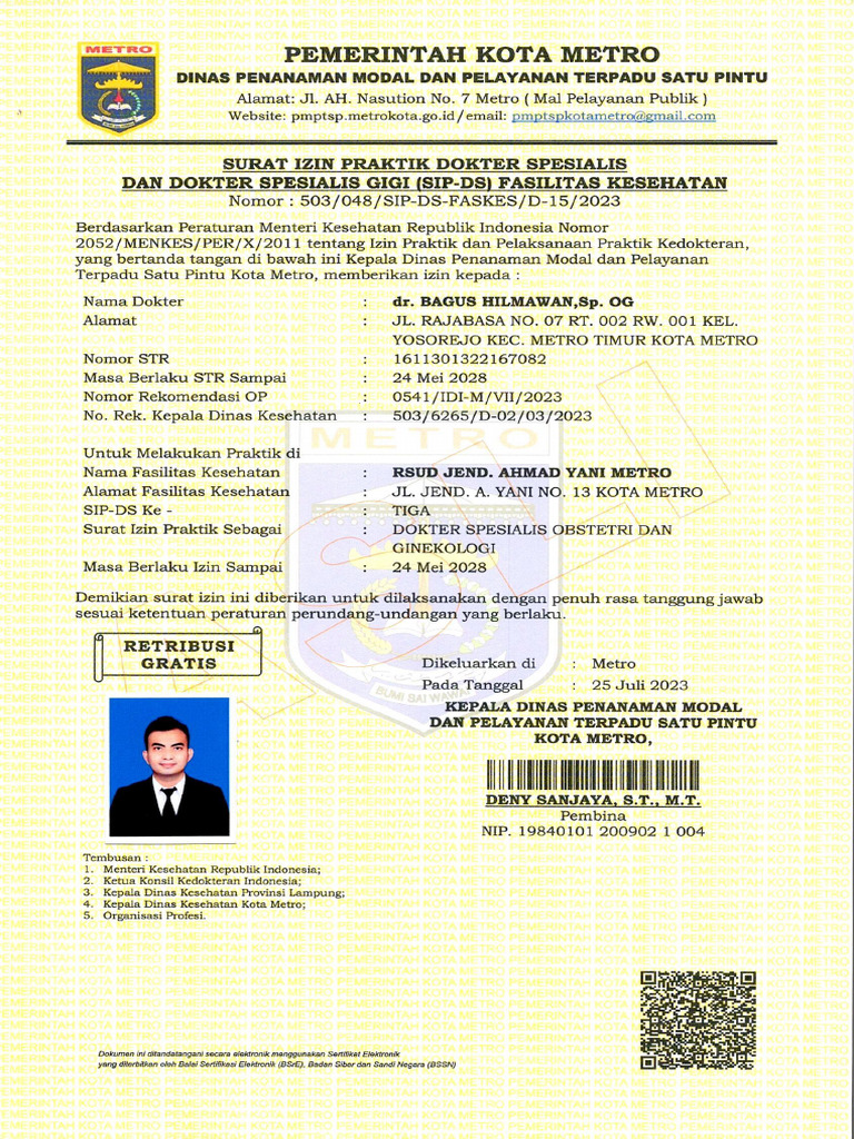 SIP. Dr. Bagus Hilmawan, SP - OG - 0001 | PDF