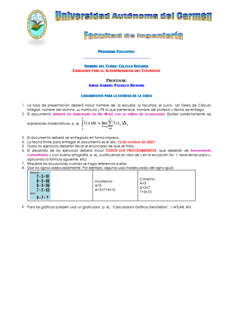 1er Tarea de Cálculo Integral Ago 2023 | PDF | Integral | Matemática ...