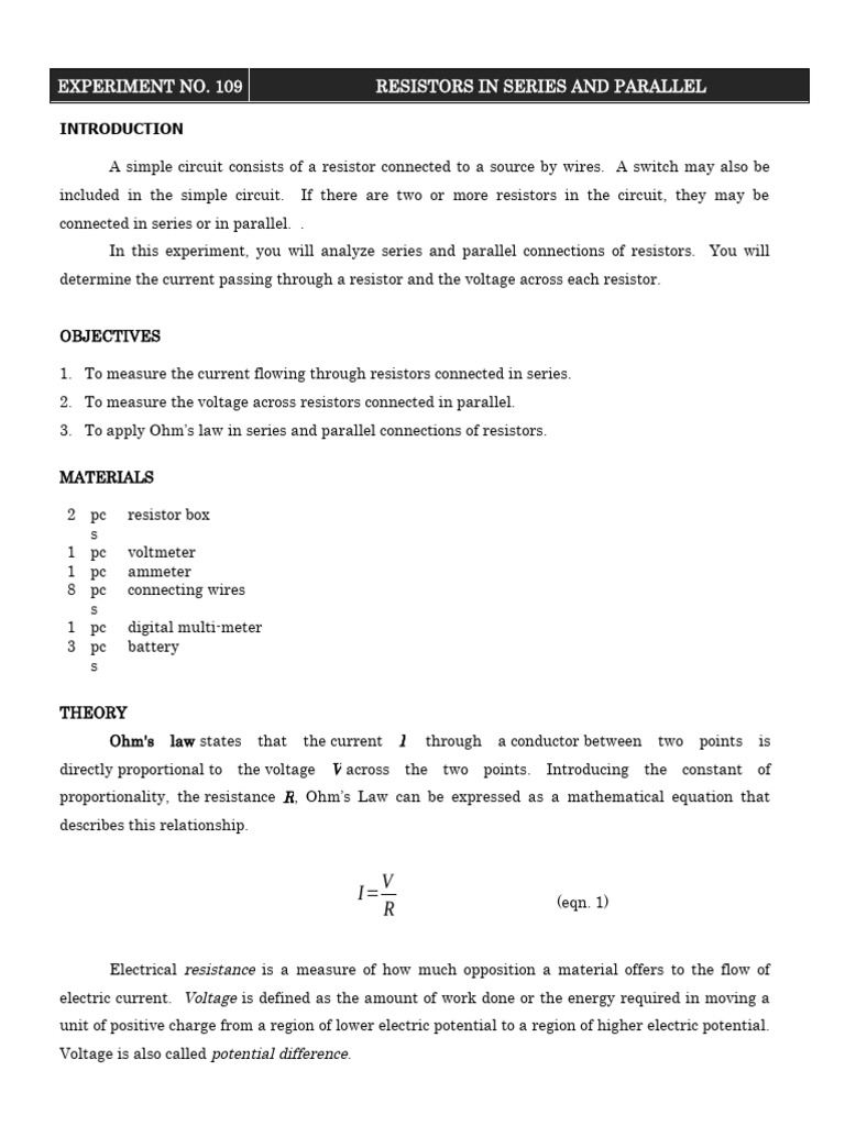 Experiment 109 Series and Parallel Connections | PDF | Series And ...