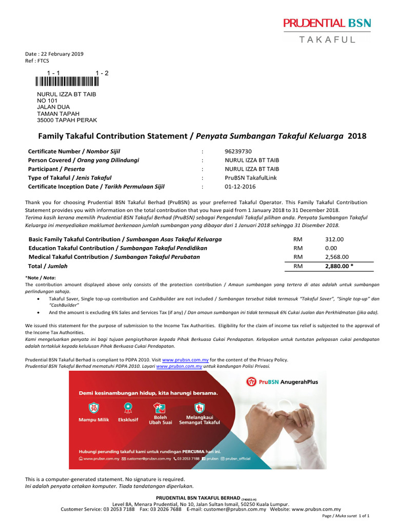 Family Takaful Contribution Statement / Penyata Sumbangan Takaful ...