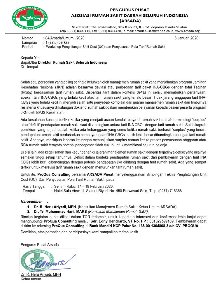 Undangan Dan TOR Unit Cost ProQua Arsada Feb 2020 | PDF