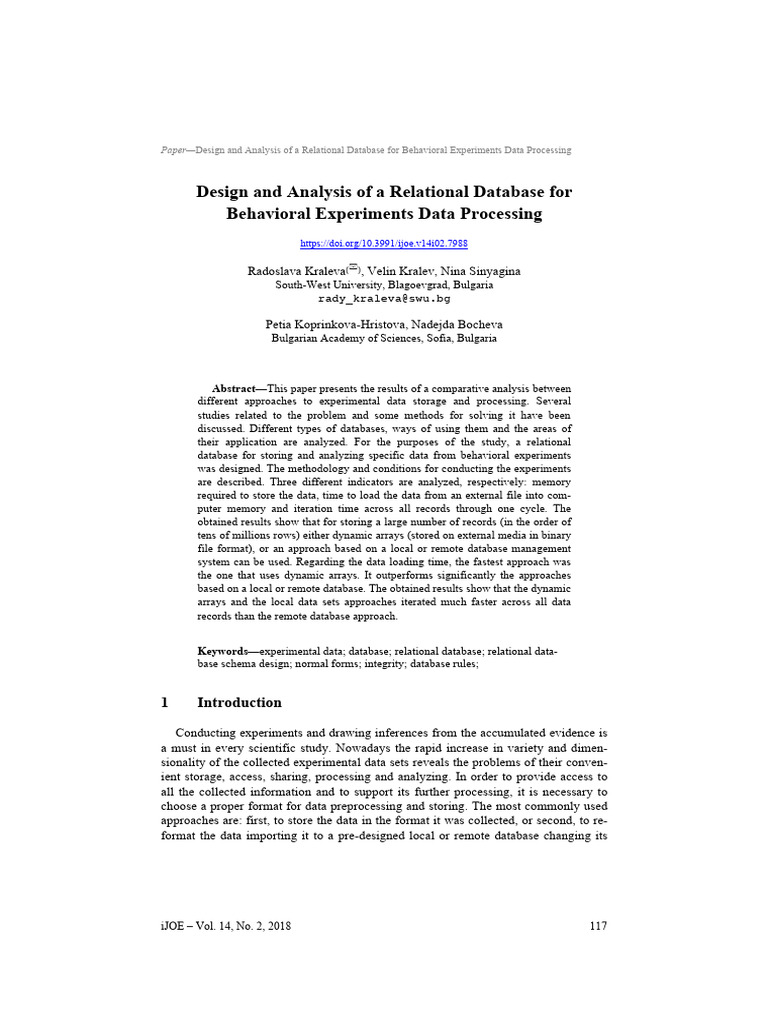 Design And Analysis Of A Relational Database For Behavioral Experiments Data Processing Pdf