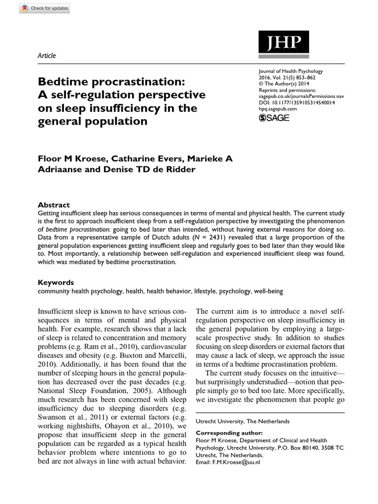 Bedtime Procrastination A Self Regulation Perspective On Sleep Insufficiency in The General ...