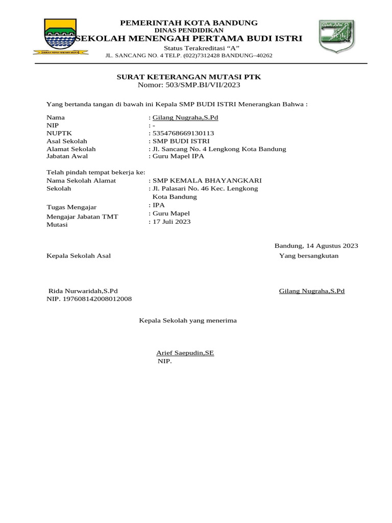 Surat Mutasi Keluar Guru | PDF