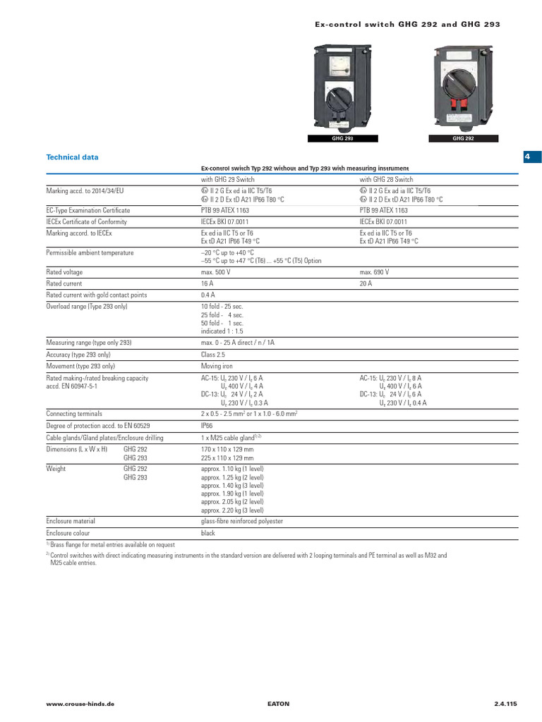 Technical Data: Ex-Control Switch Typ 292 Without and Typ 293 With Measuring Instrument | PDF ...