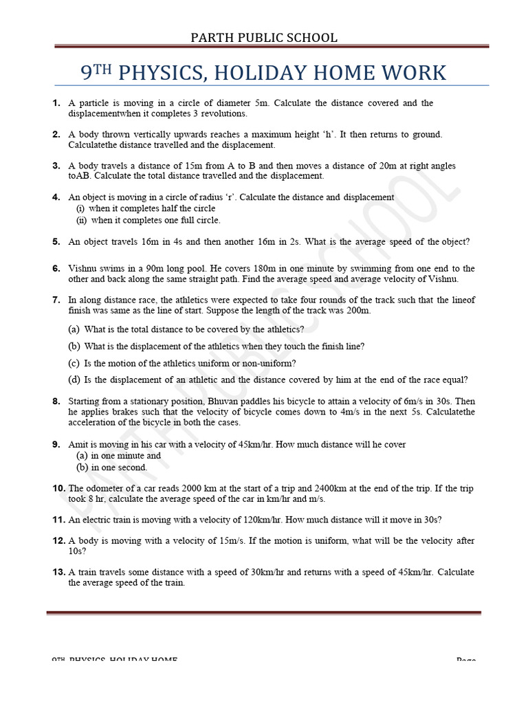 9TH Physics HHW | PDF | Acceleration | Speed
