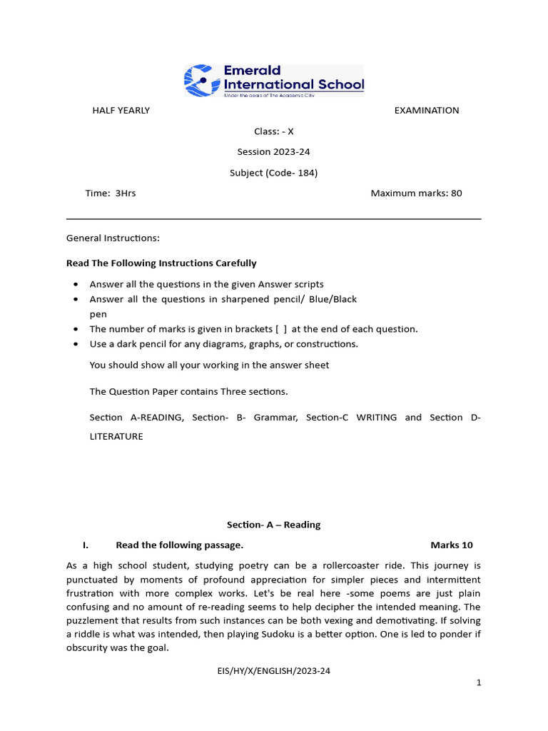 Grade X - English - Term 1 Exam-1 | PDF