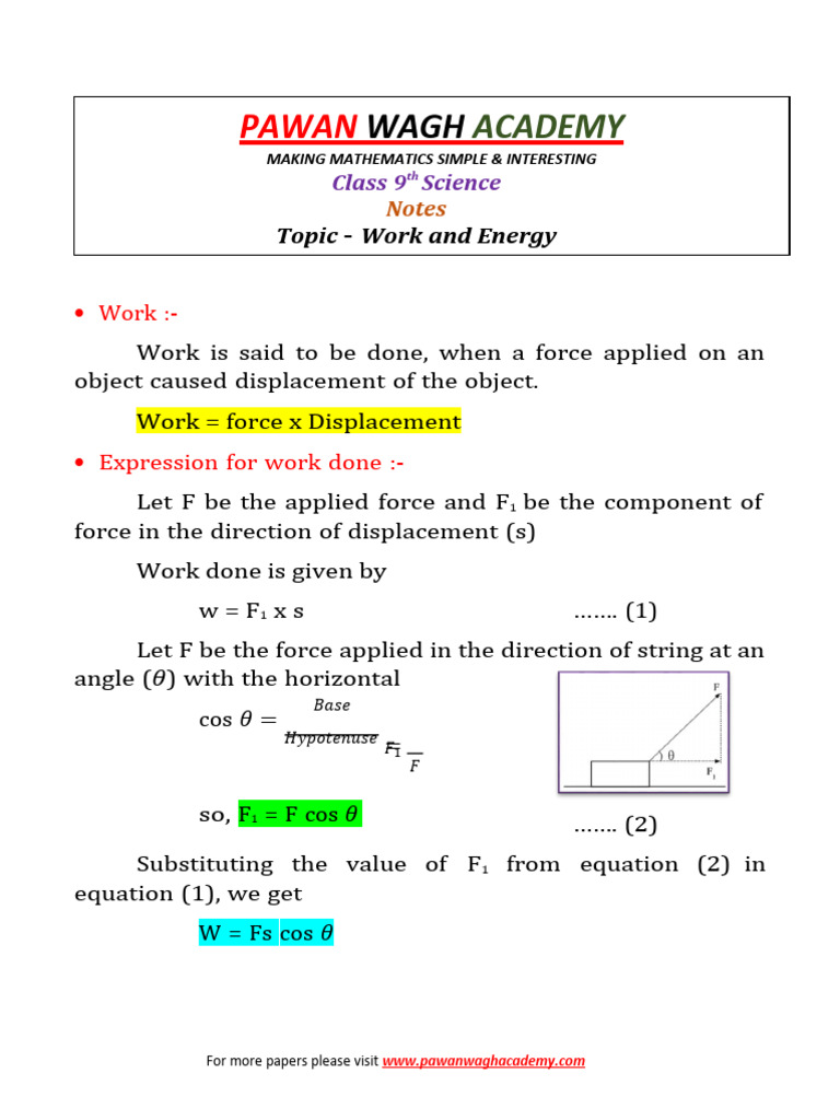 Work and Energy Class 9th Science Notes | PDF