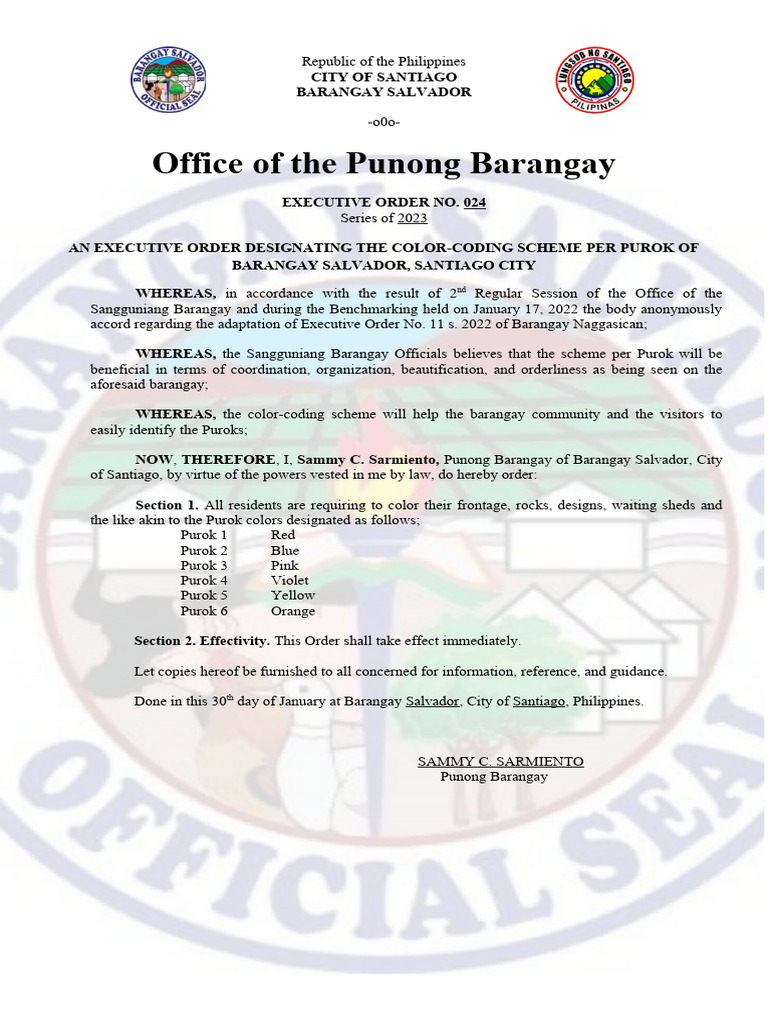 Executive Order No. 024 S. 2022 - DESIGNATING THE COLOR-CODING SCHEME ...