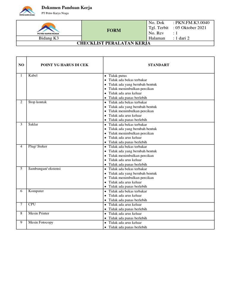 Inspeksi Peralatan Kerja | PDF