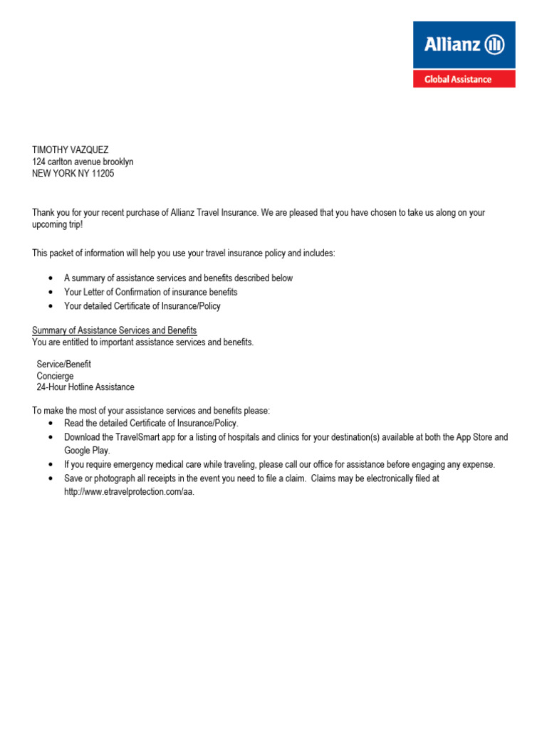 Allianz Travel Insurance Confirmation | PDF | Insurance | Airlines