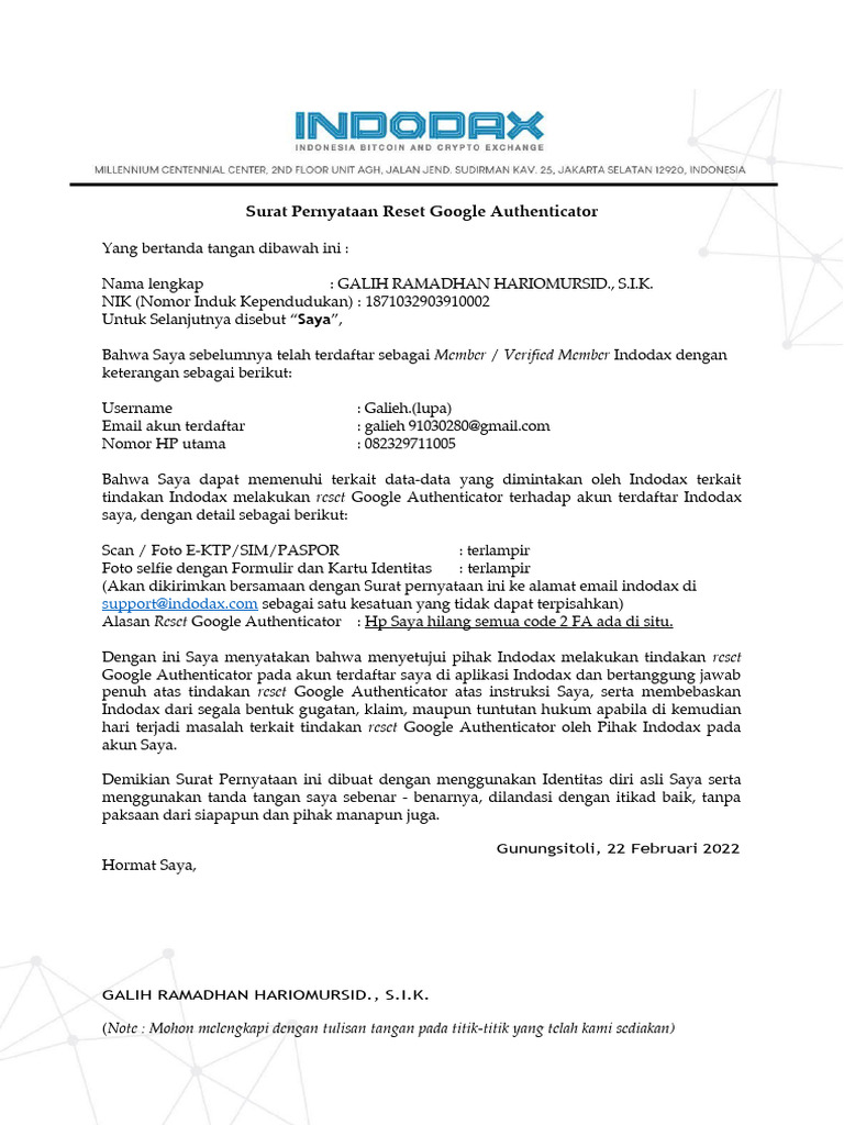 Surat Pernyataan Reset Google Authenticator Bahasa Indonesia-Dikonversi | PDF