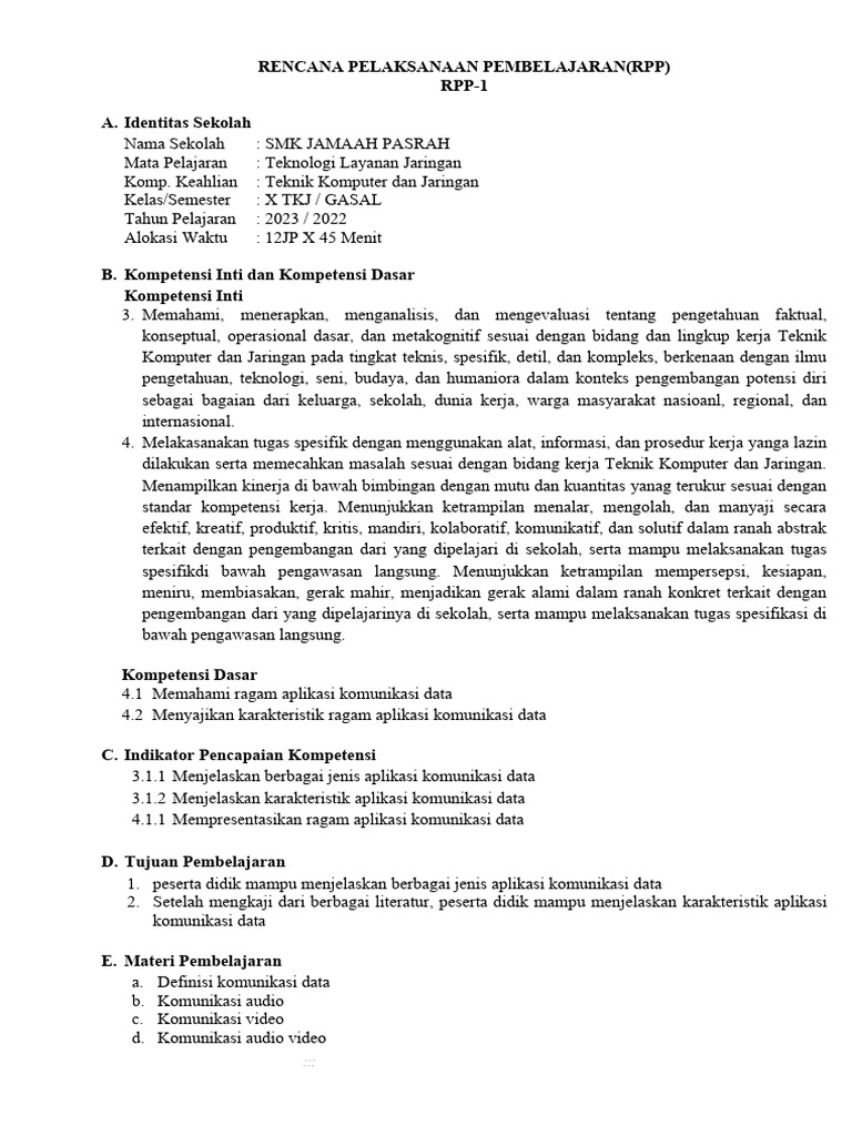 RPP-1 Teknologi Layanan Jaringan Kelas XI TKJ | PDF | Karier & Perkembangan