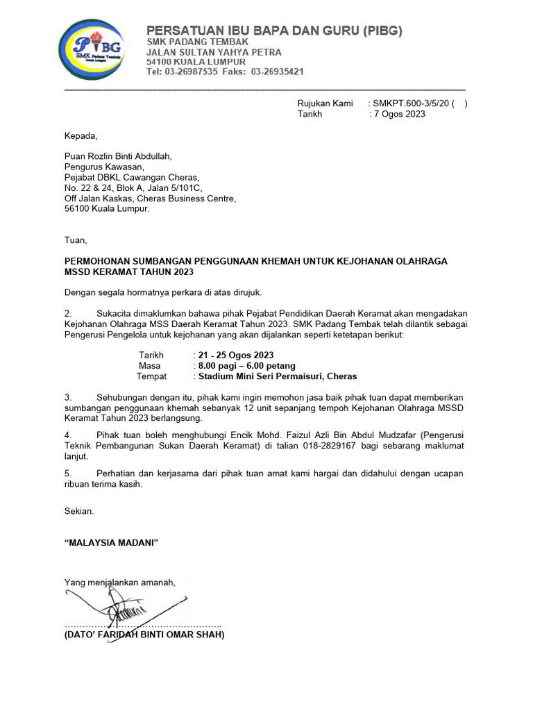 Surat Mohon Sumbangan Khemah DBKL Cheras Kejohanan Olahraga Keramat ...
