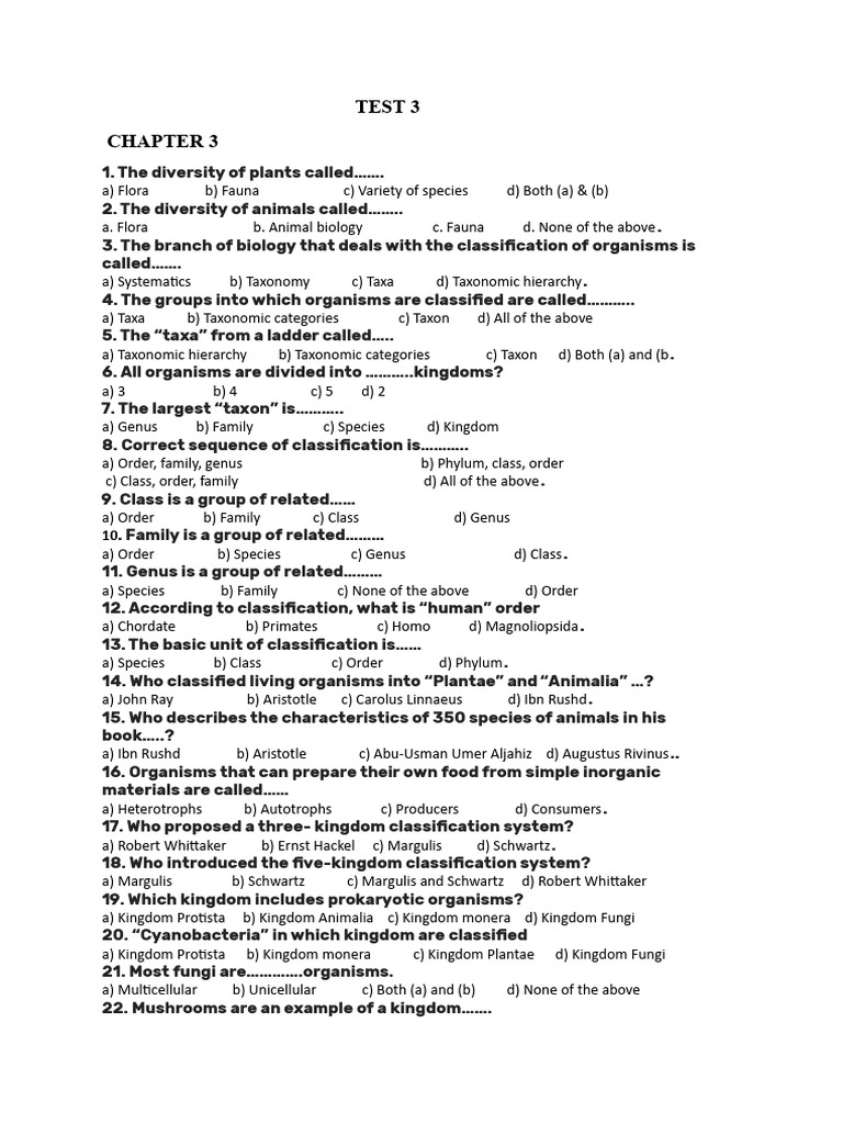 Test 3 | PDF | Taxonomy (Biology) | Taxon