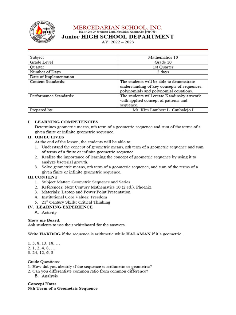 Grade10-Geometric Sequence and Series | PDF | Geometry | Sequence