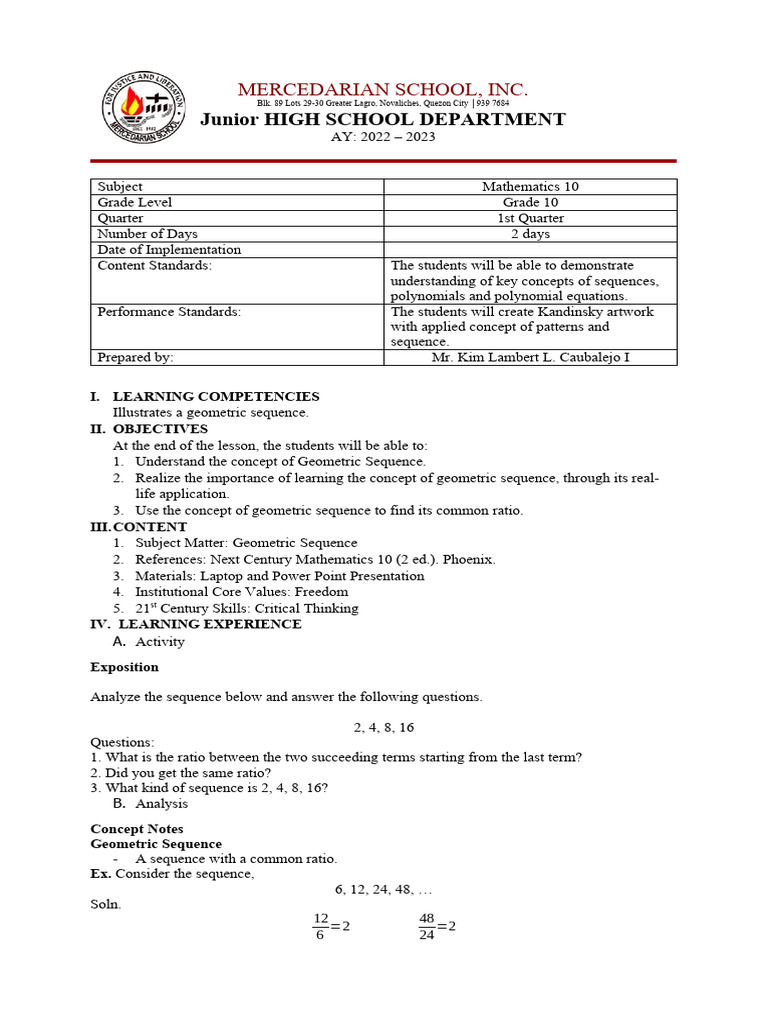 Grade 10 Geometric Sequence Lesson Plan | PDF | Geometry | Sequence