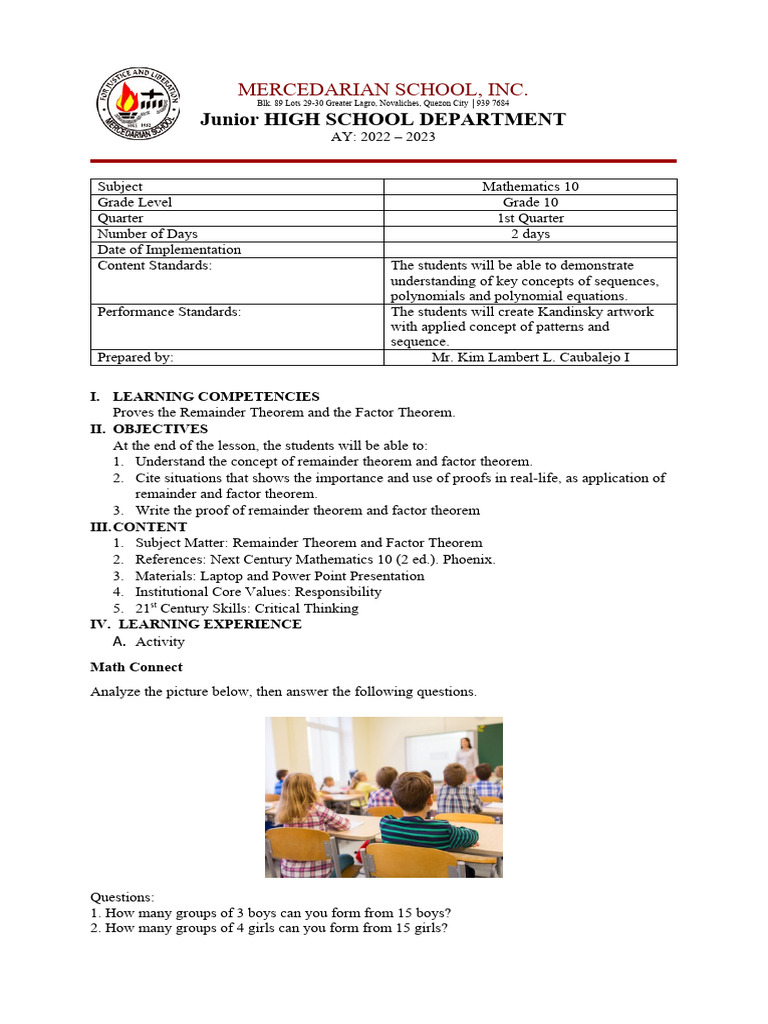 Grade10 Remainder Theorem And Factor Theorem PDF Mathematics