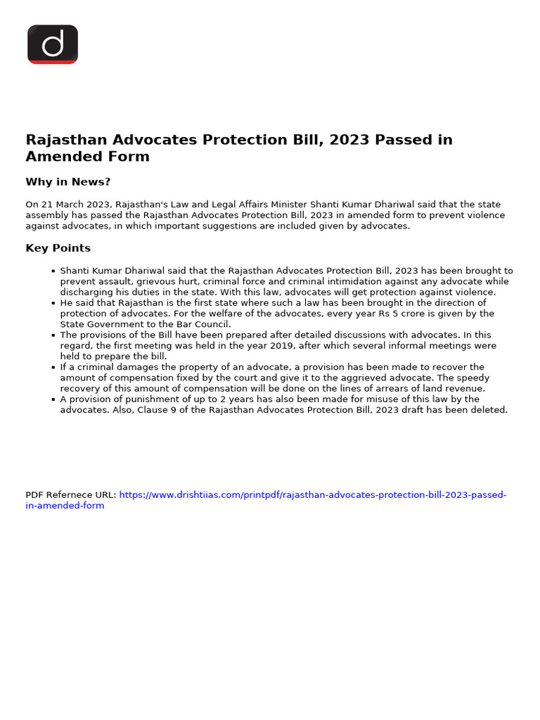 Rajasthan Advocates Protection Bill, 2023 Passed in Amended Form | PDF ...