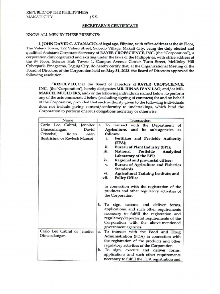 BCS-SC (Authorized Representatives To Transact With Government A | PDF