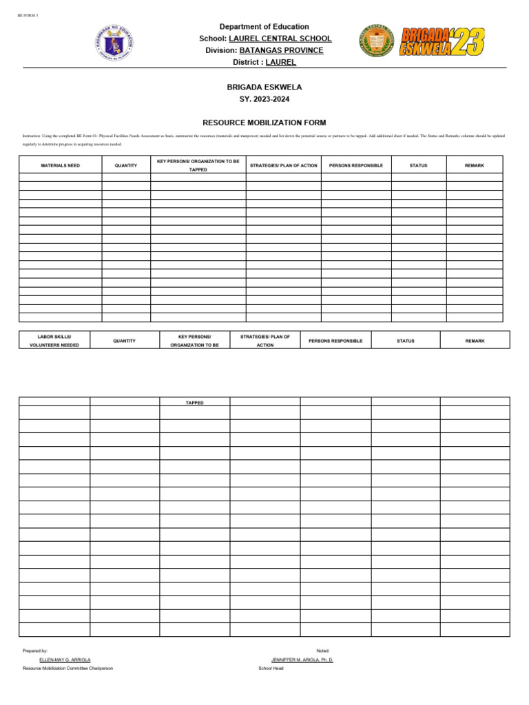 Brigada Eskwela Form 3 Resource Mobilization Form | PDF