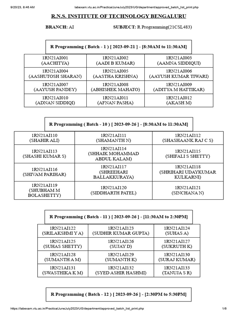 21CSL483 Approved Batch List | PDF