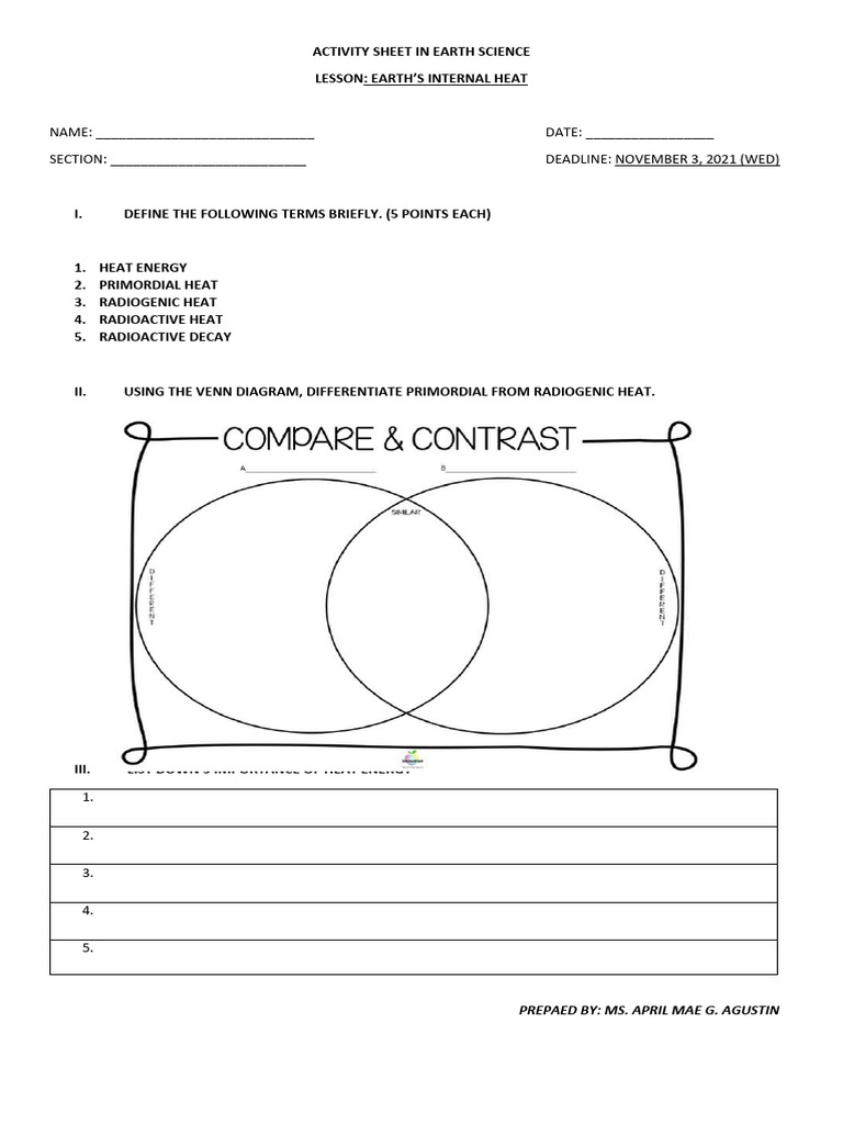 Activity Sheet in Earth's Internal Heat | PDF
